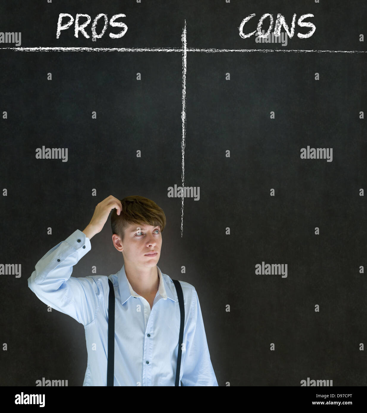 Businessman, student or teacher thinking pros and cons decision list ...