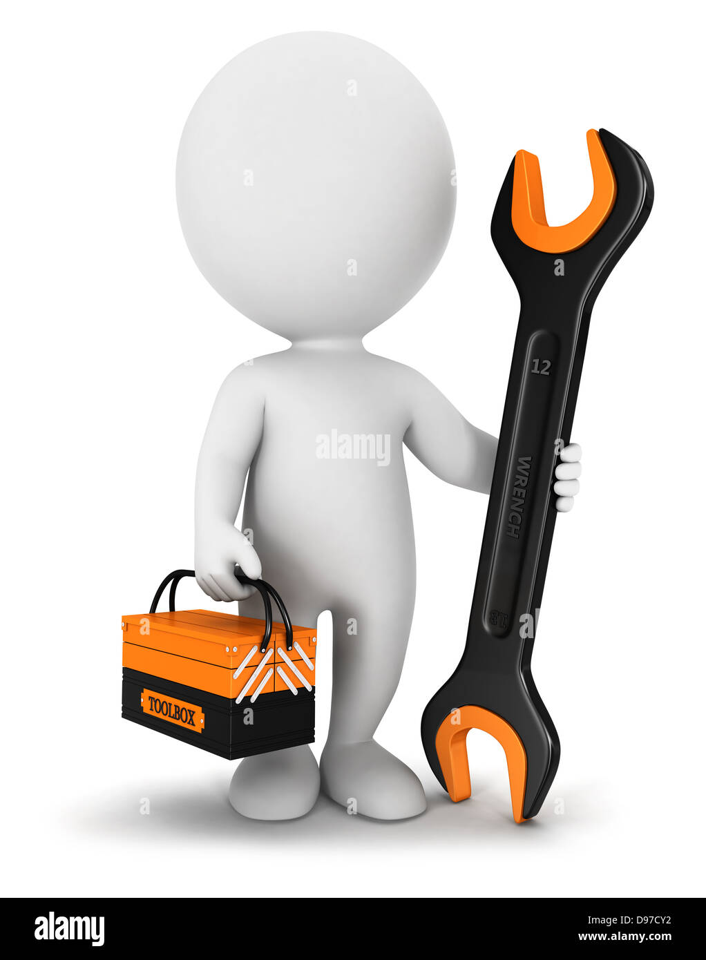 3d white people repairer with a wrench and a toolbox, isolated white ...