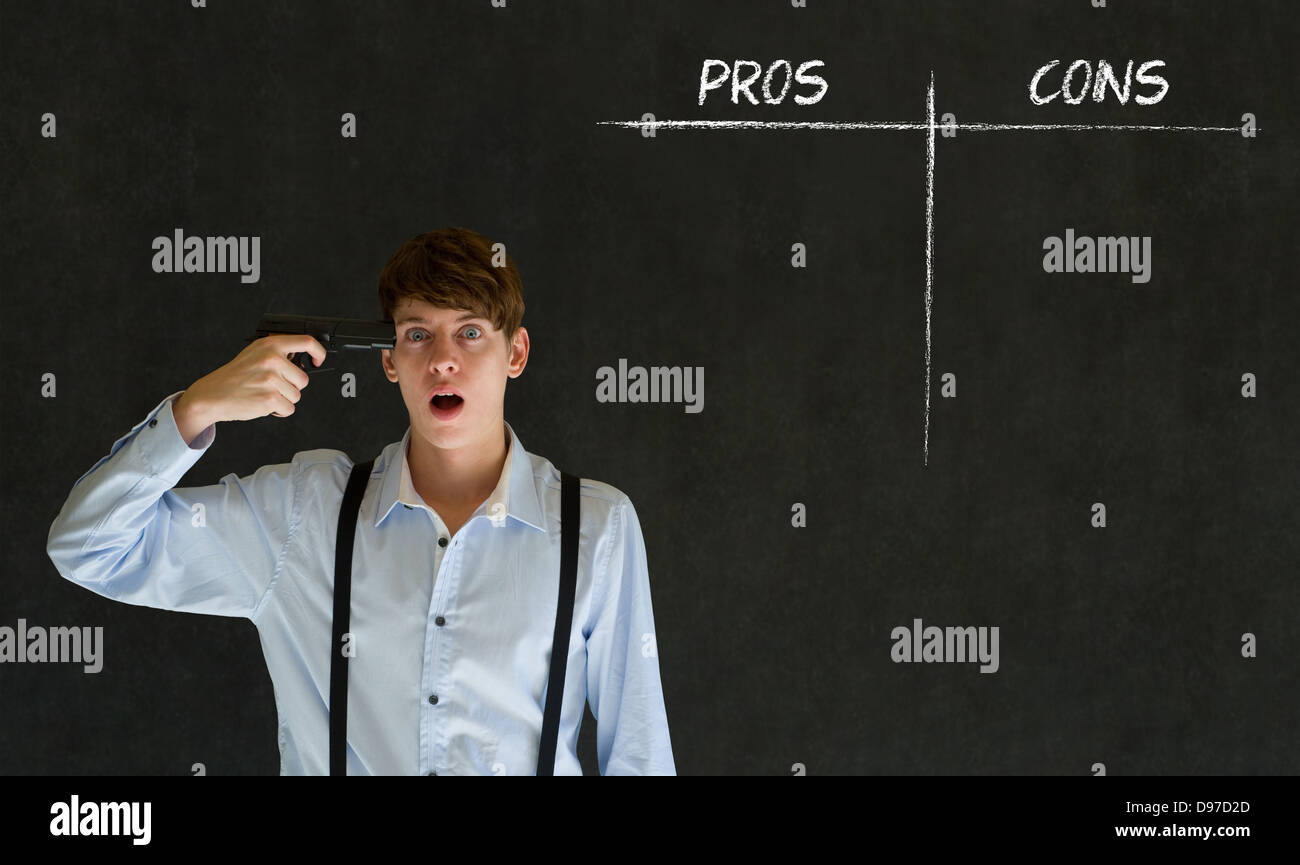Businessman, student or teacher thinking pros and cons decision list ...