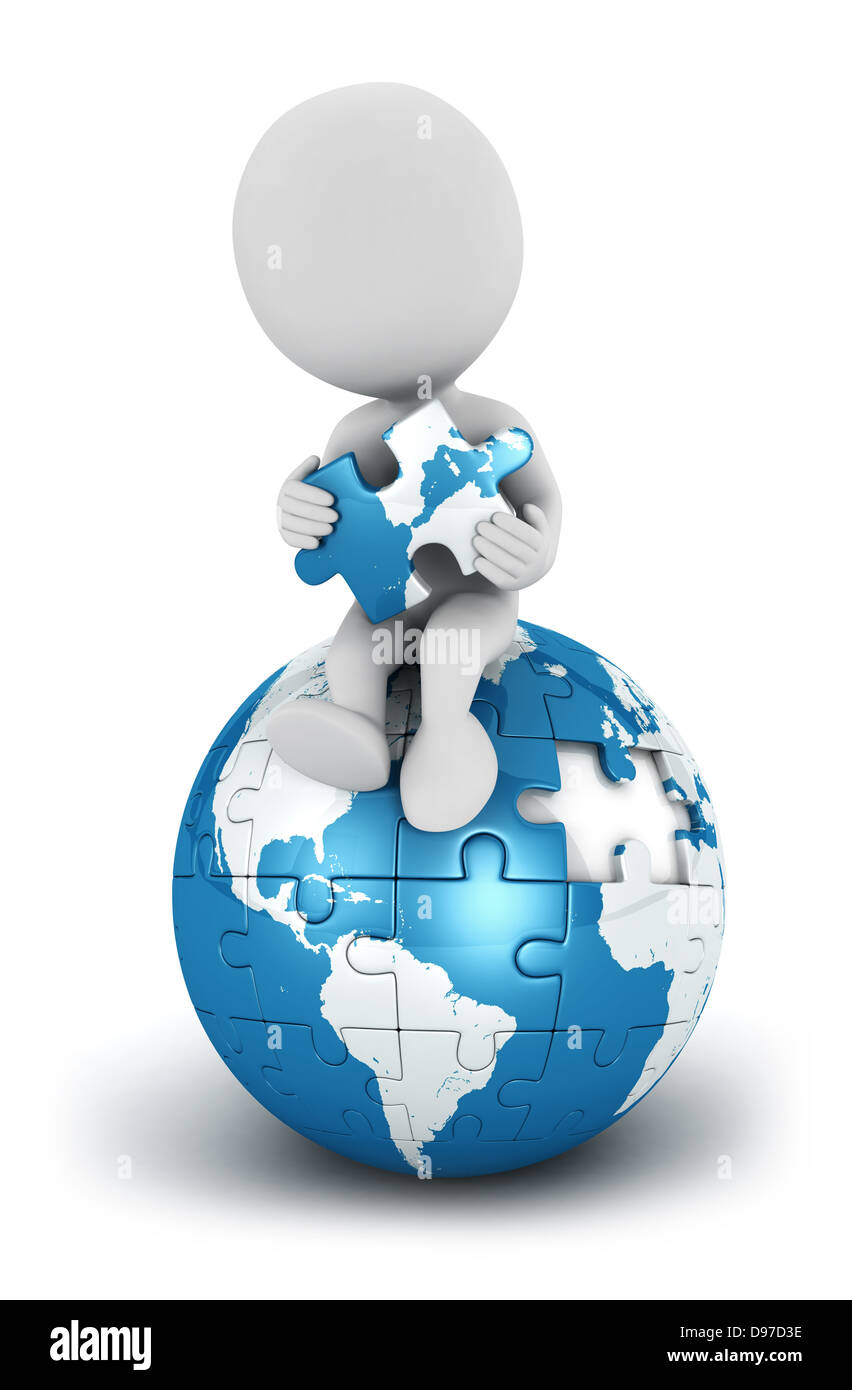 3d white people seated on blue earth puzzle with a piece in the hands ...