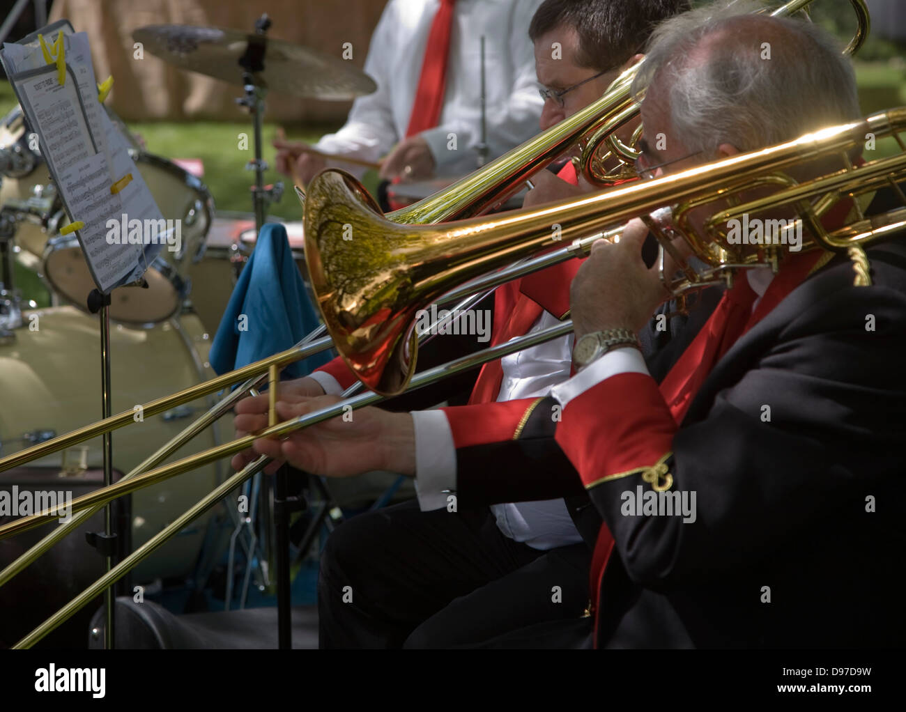 Musicians in a brass band perform during a country fair at Helmingham ...
