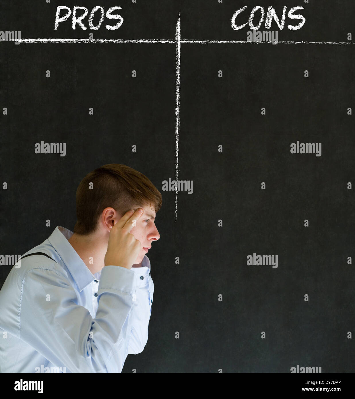 Businessman, student or teacher thinking pros and cons decision list ...