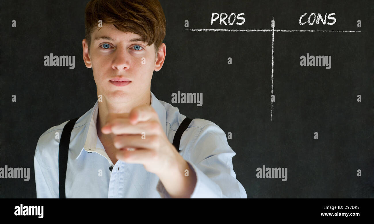 Businessman, student or teacher thinking pros and cons decision list ...