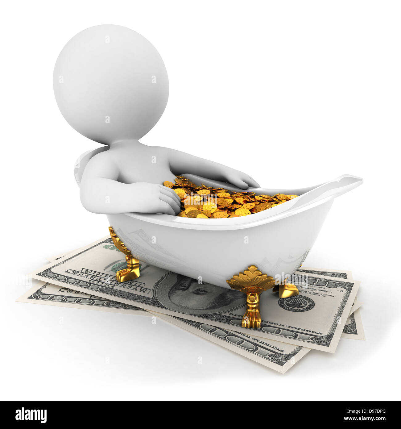 3d white people takes a money bath, isolated white background, 3d image ...