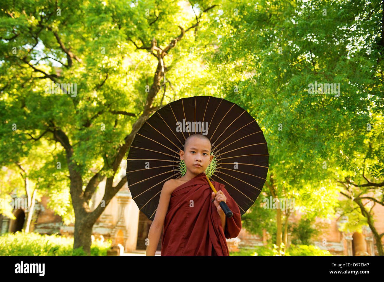 Young Buddhist monk walking outdoors under shade of green tree with ...