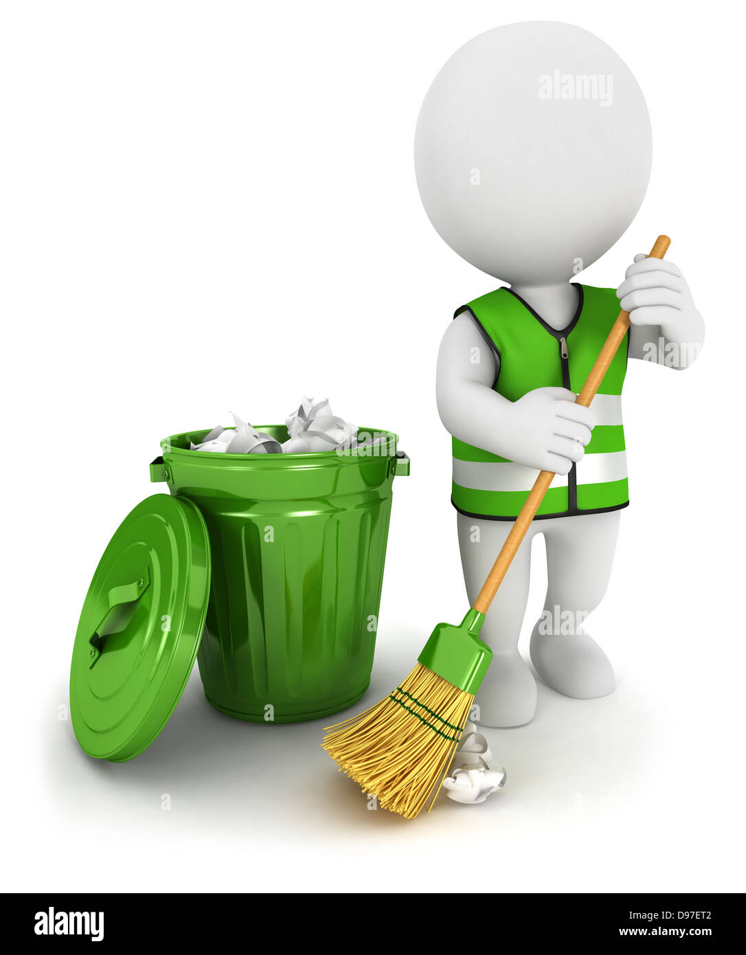 3d white people street sweeper and a trash can, isolated white ...