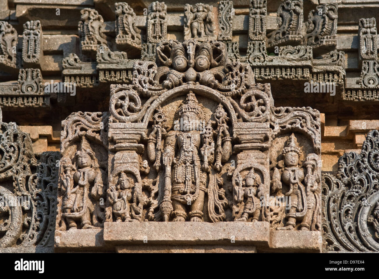 Asia, India, Karnataka, Belavadi, Veera Narayana Temple, stone carving ...