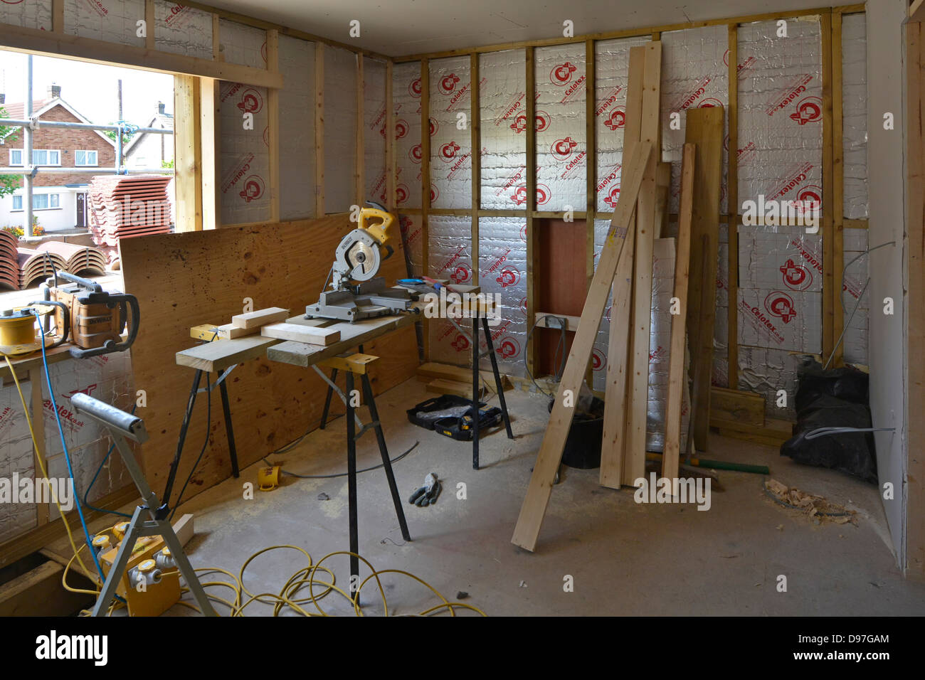 Building construction work in progress to interior of bedroom extension ...