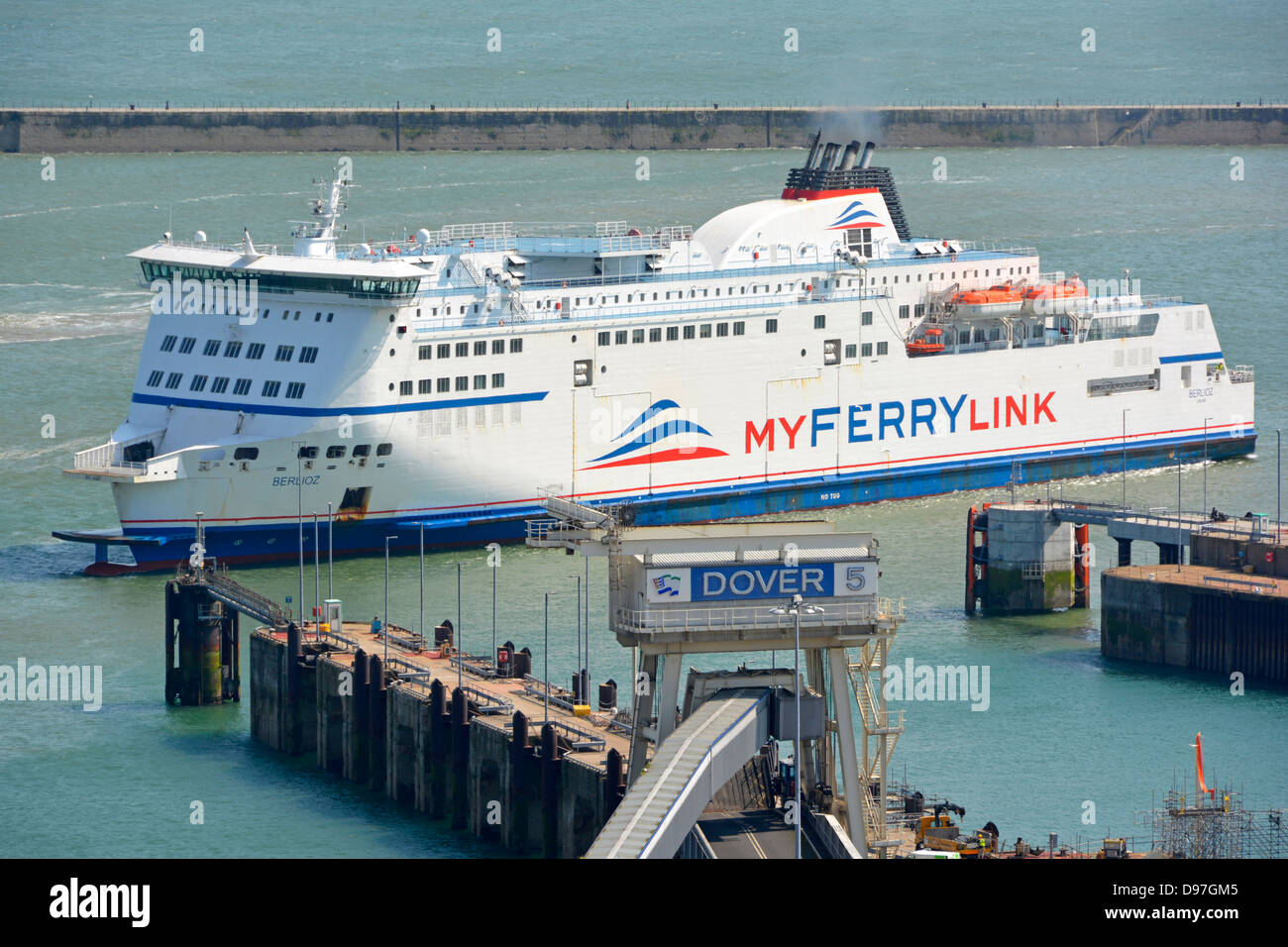 My Ferry Link boat in Dover harbour manoeuvering onto an unloading dock ...