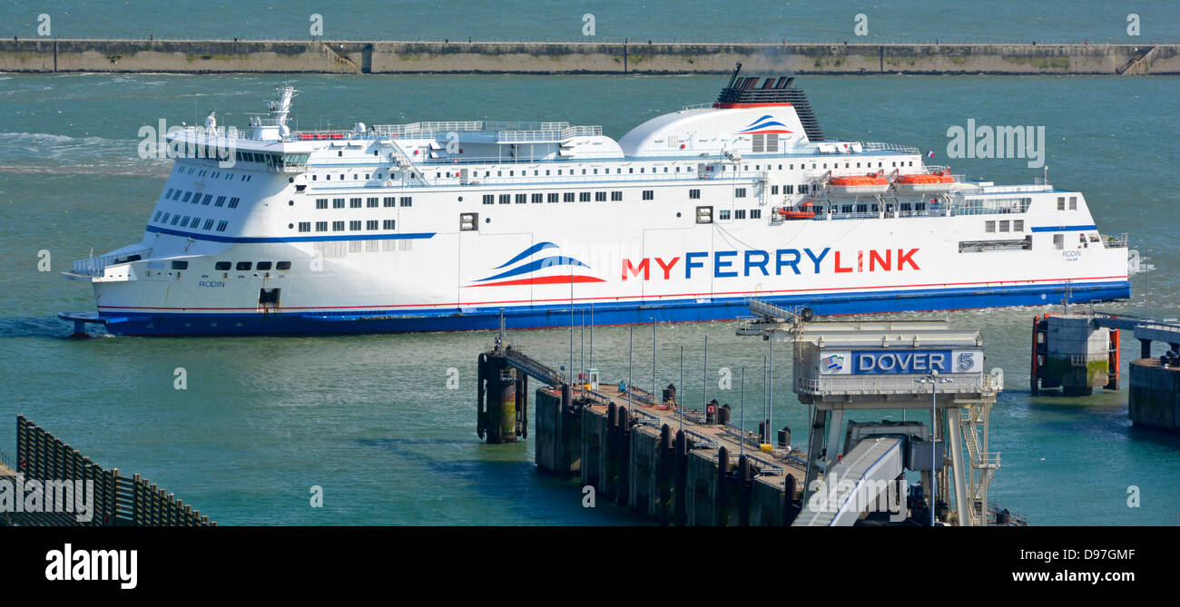 My Ferry Link boat in Dover harbour manoeuvering onto an unloading dock ...