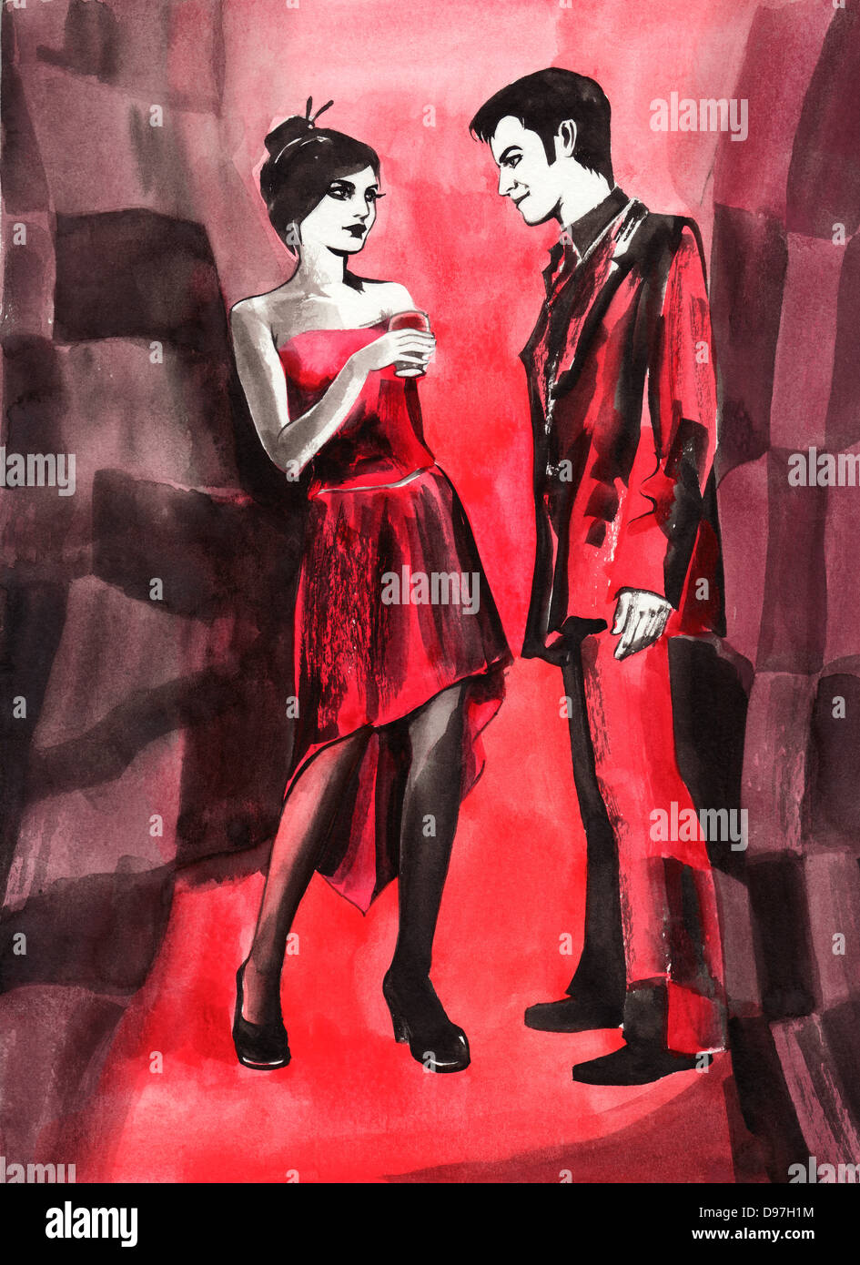 Young beautiful couple against abstract red background Stock Photo - Alamy