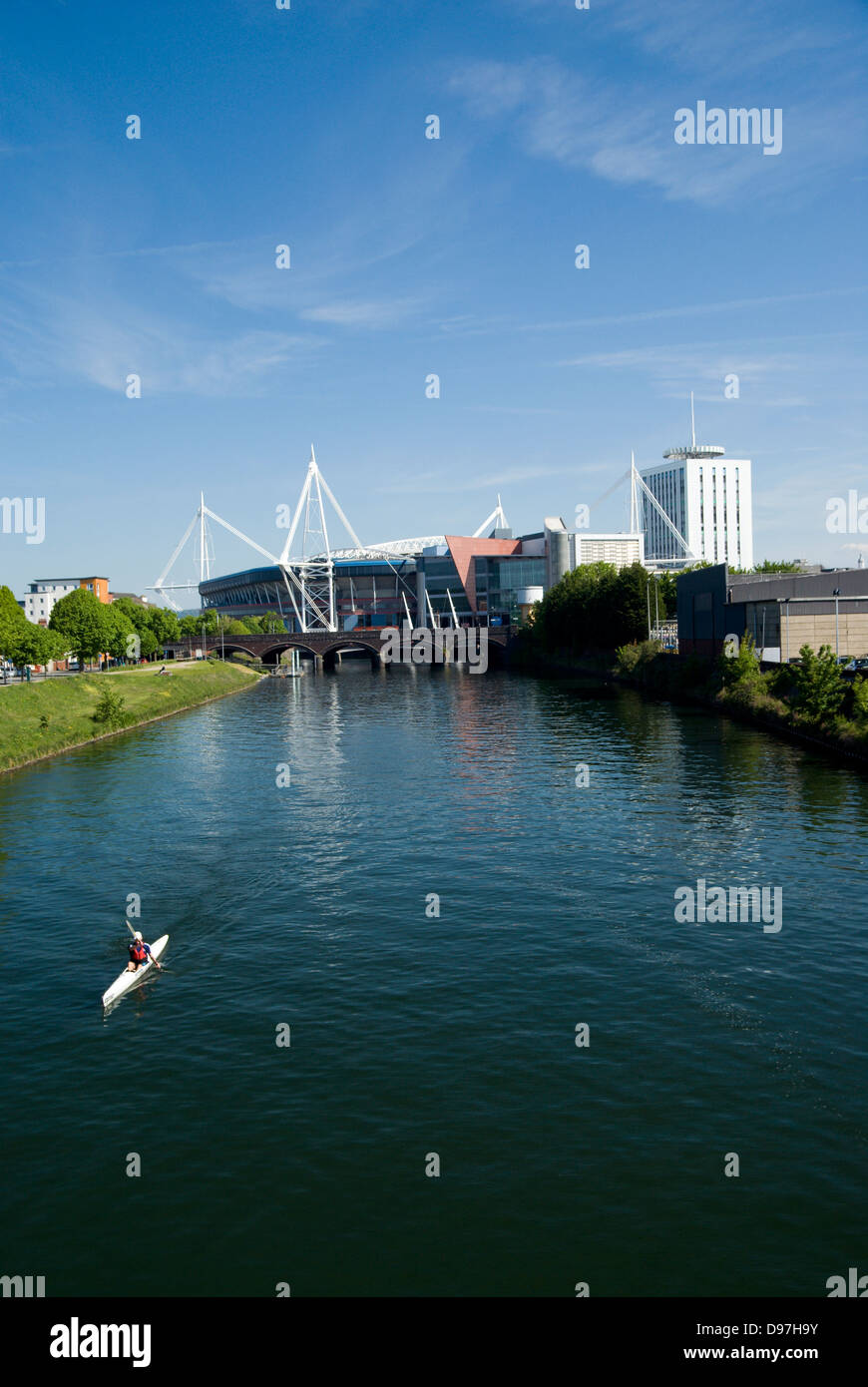 millennium stadium and rowing boat on river taff cardiff glamorgan ...