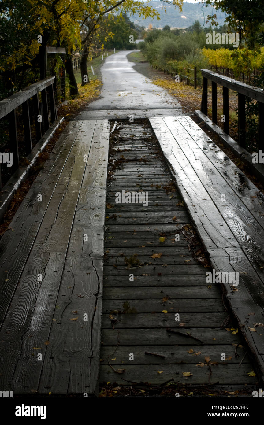 A vertical photographic image of a countryside wooden bridge on a rainy ...