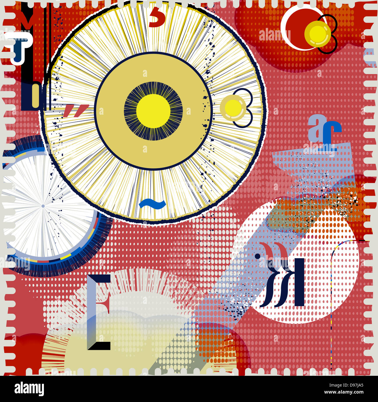 Composition of geometrical elements, raster dots and letters in retro ...