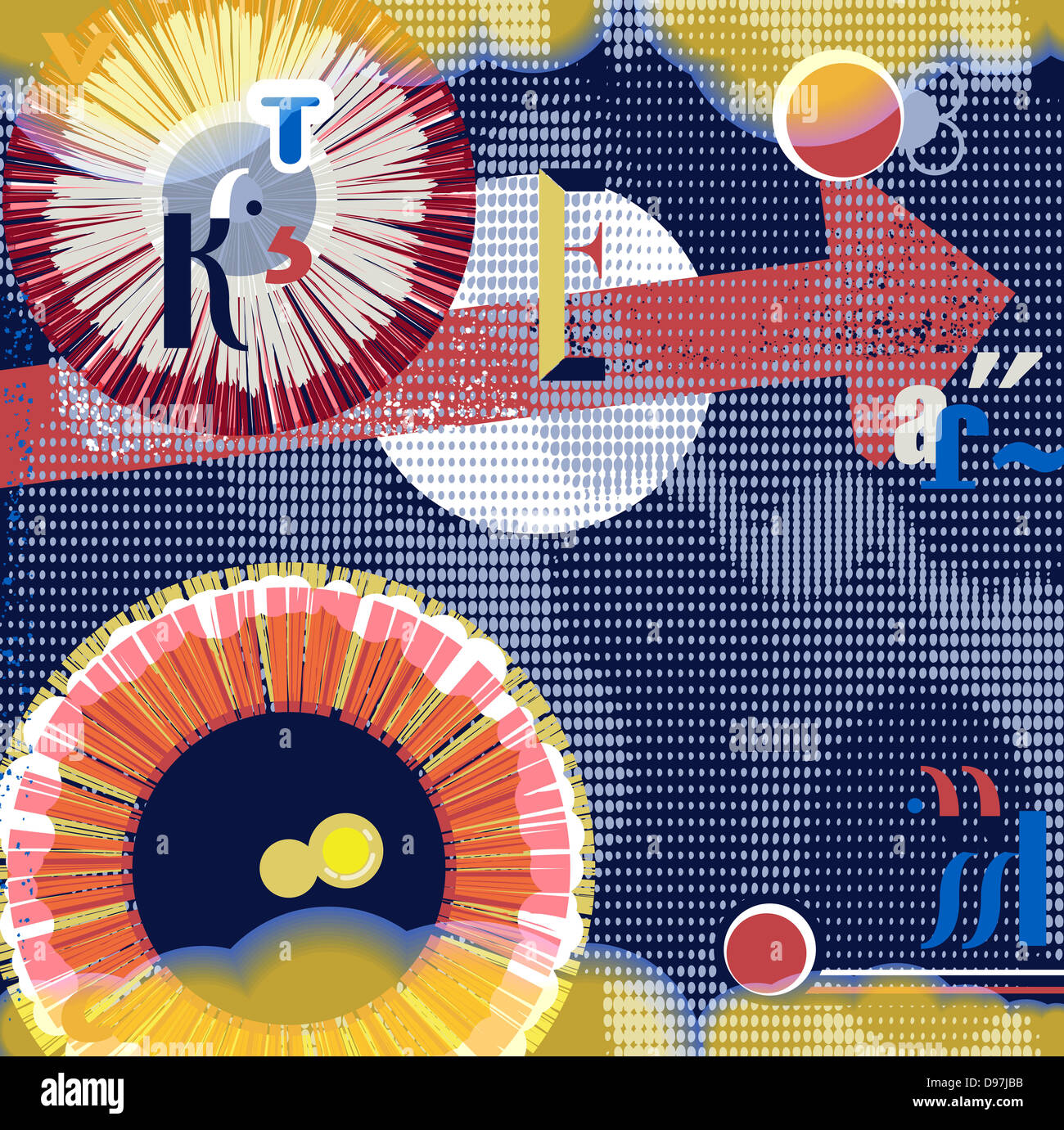 Composition of geometrical elements, raster dots and letters in retro ...