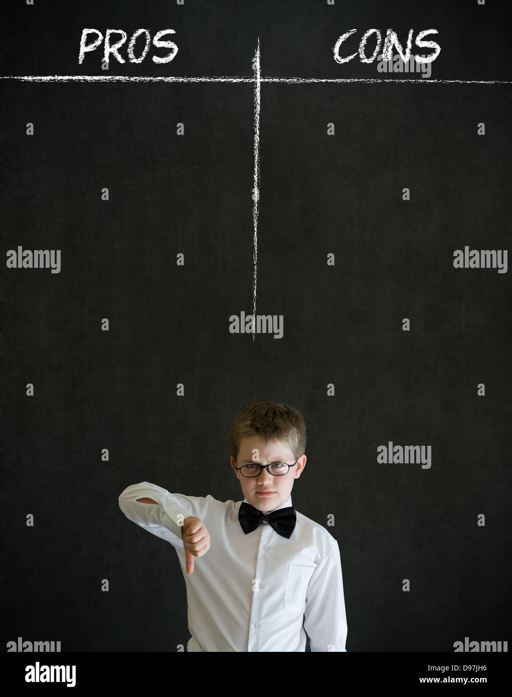 Thumbs down boy dressed up as business man with chalk pros and cons ...
