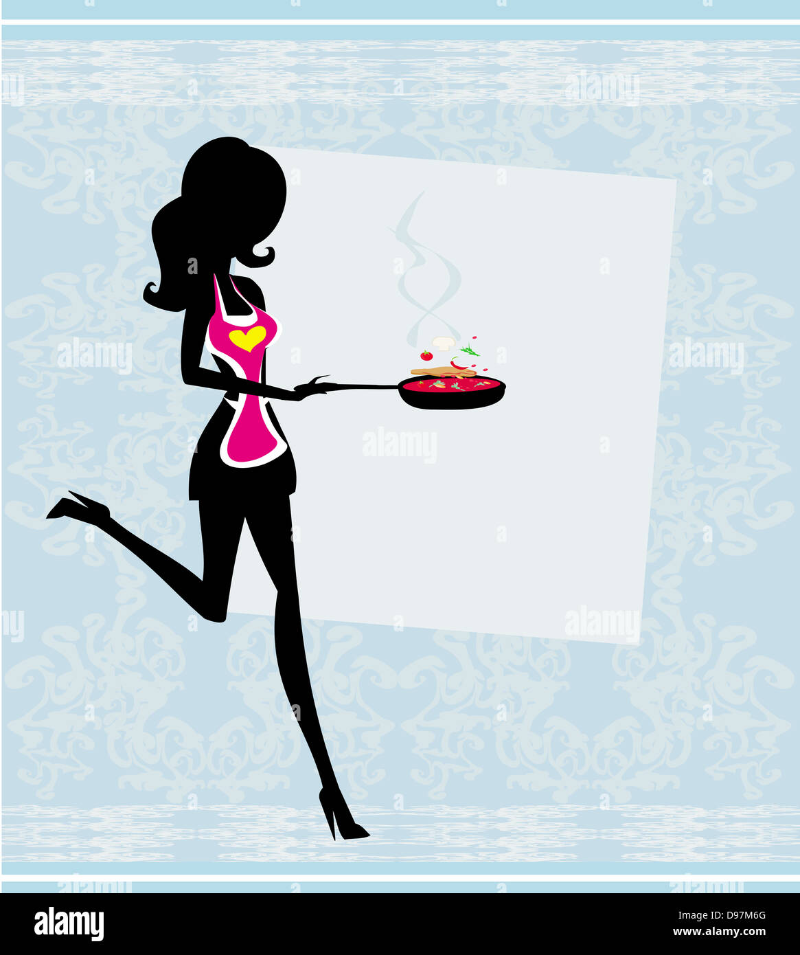 Silhouette of a Woman Wearing an Apron and Holding a Skillet - vector ...