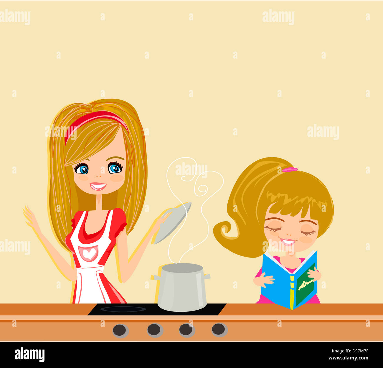 Daughter helps mother cook soup Stock Photo - Alamy
