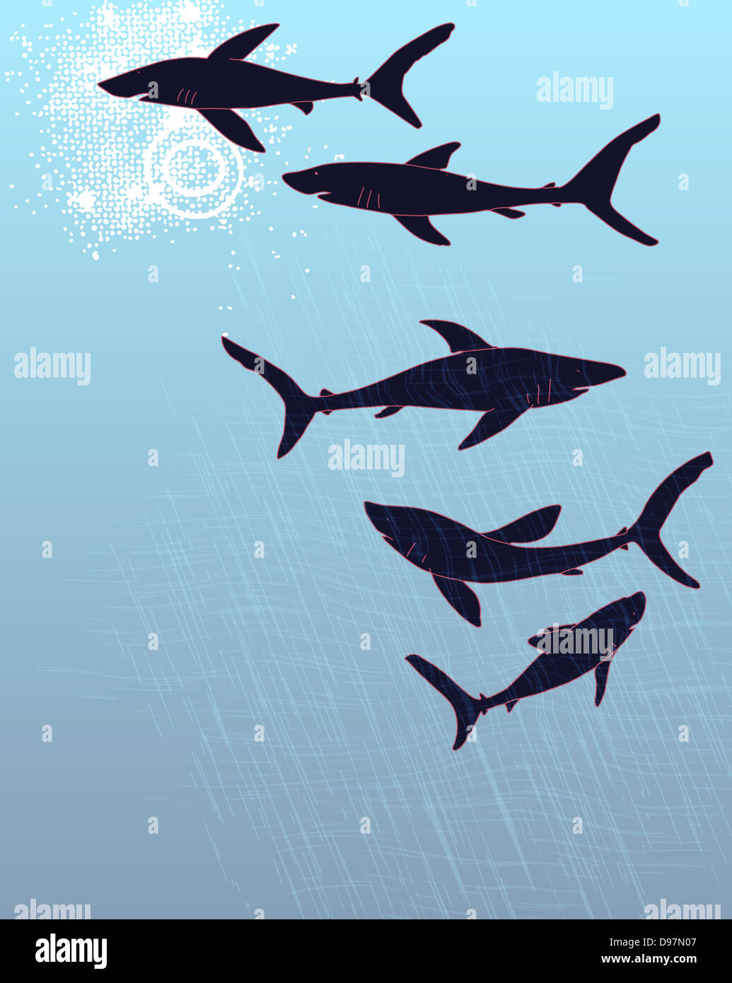 Template poster design with hand-drawn sharks silhouettes Stock Photo ...