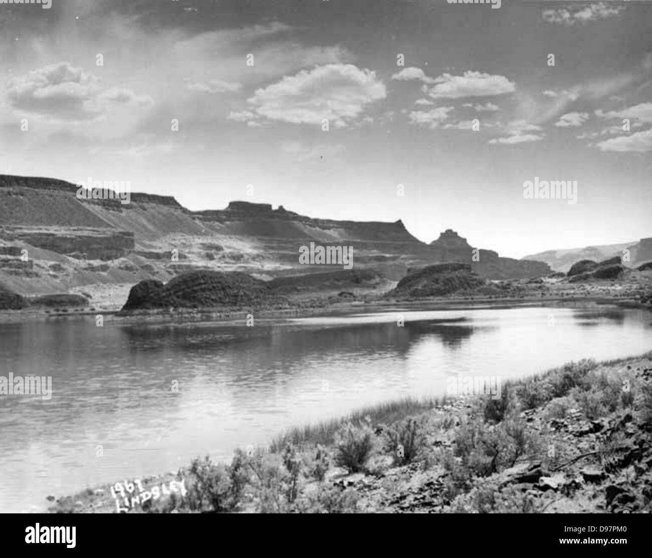 A photograph of Alkali Lake with the prominent geological formation ...