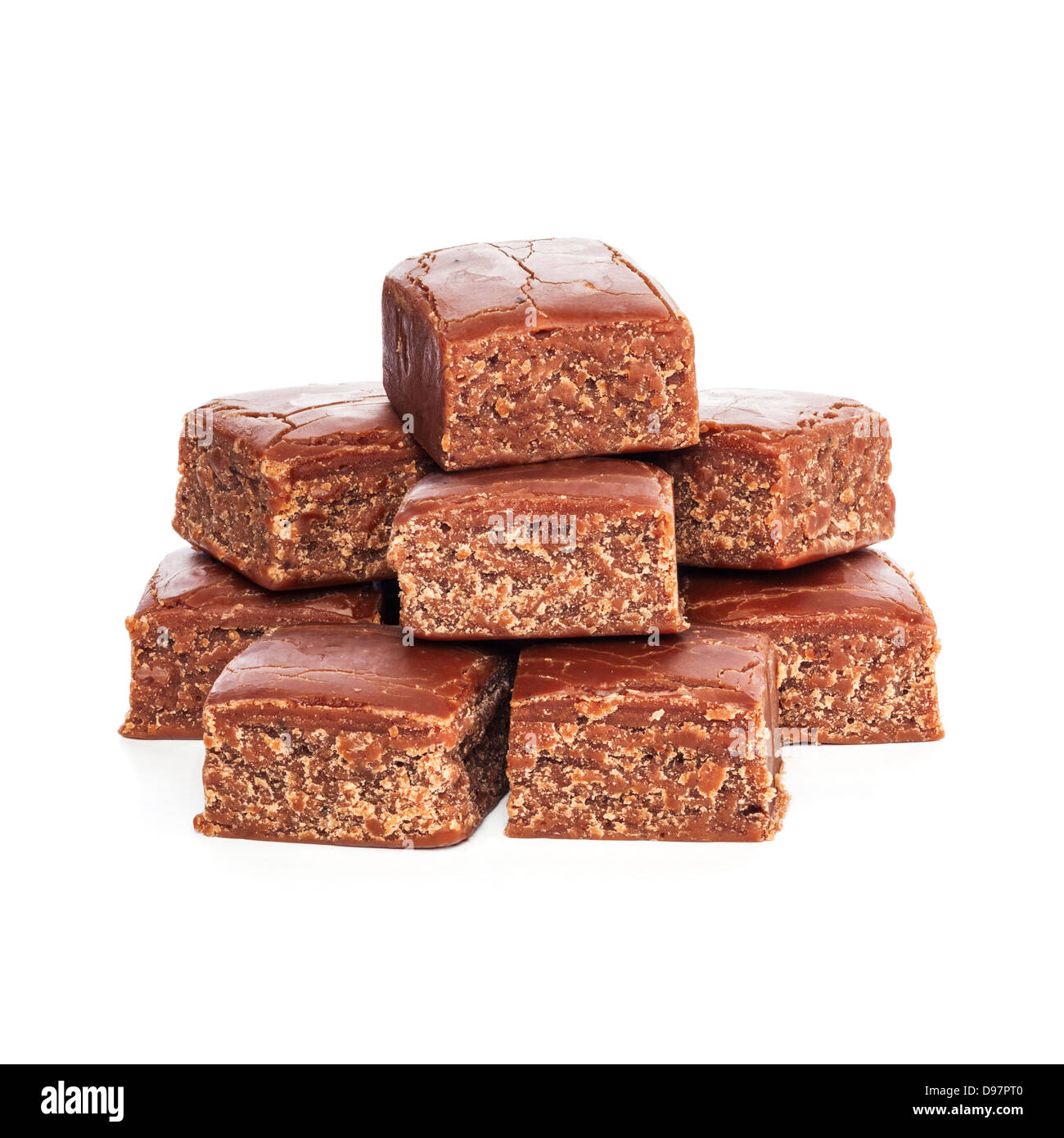 Chocolate fudge on white background with soft natural shadow, focus ...