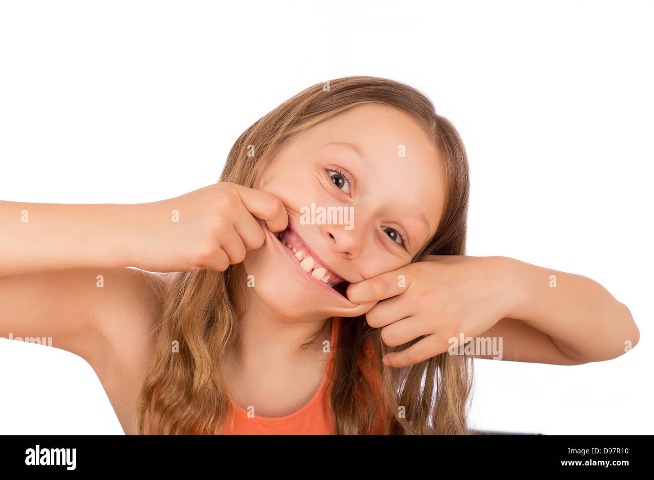 Happy girl make a grimace. Isolated on a white background Stock Photo ...
