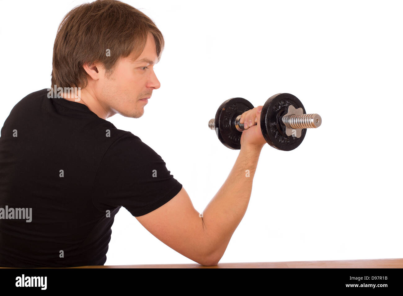 Man make exercise with dumbbell. Isolated on white background Stock ...