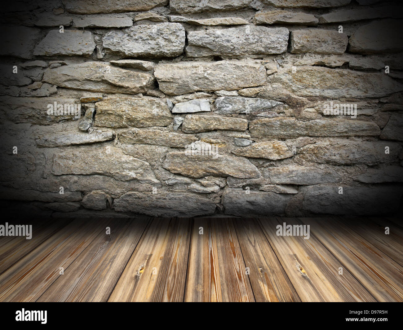 empty room interior background with wooden floor and grungy stone wall ...