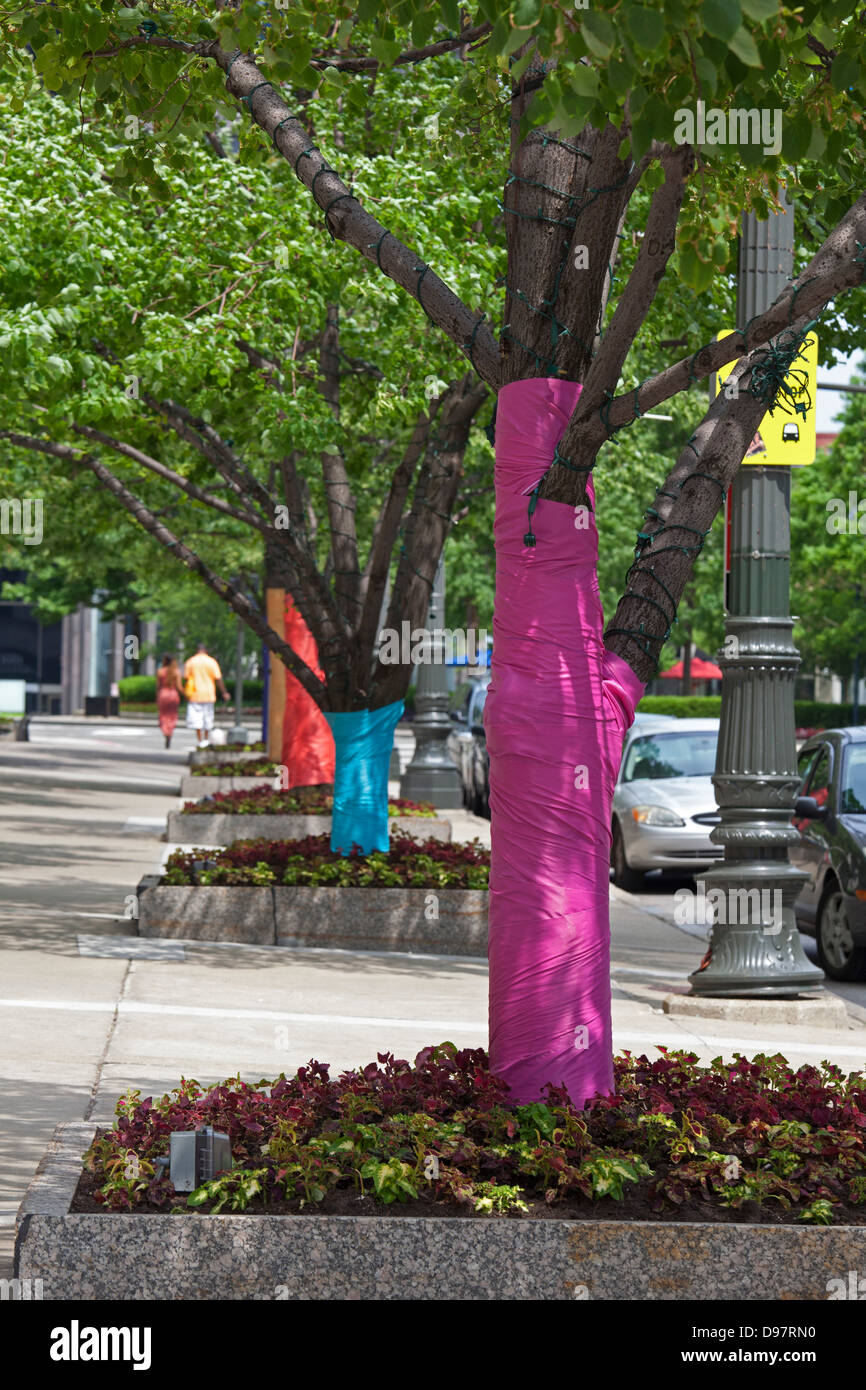 Detroit, Michigan - Trees along Woodward Avenue wrapped in colorful ...