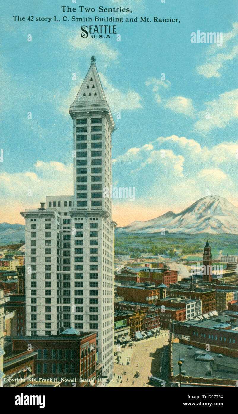 A historic photograph showing a view south on 2nd Avenue in Seattle ...