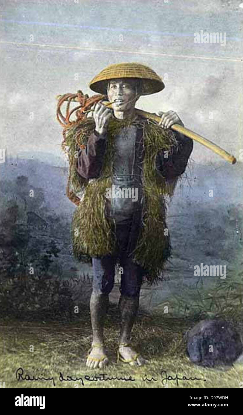 A portrait of a man in traditional Japanese attire, including a straw ...