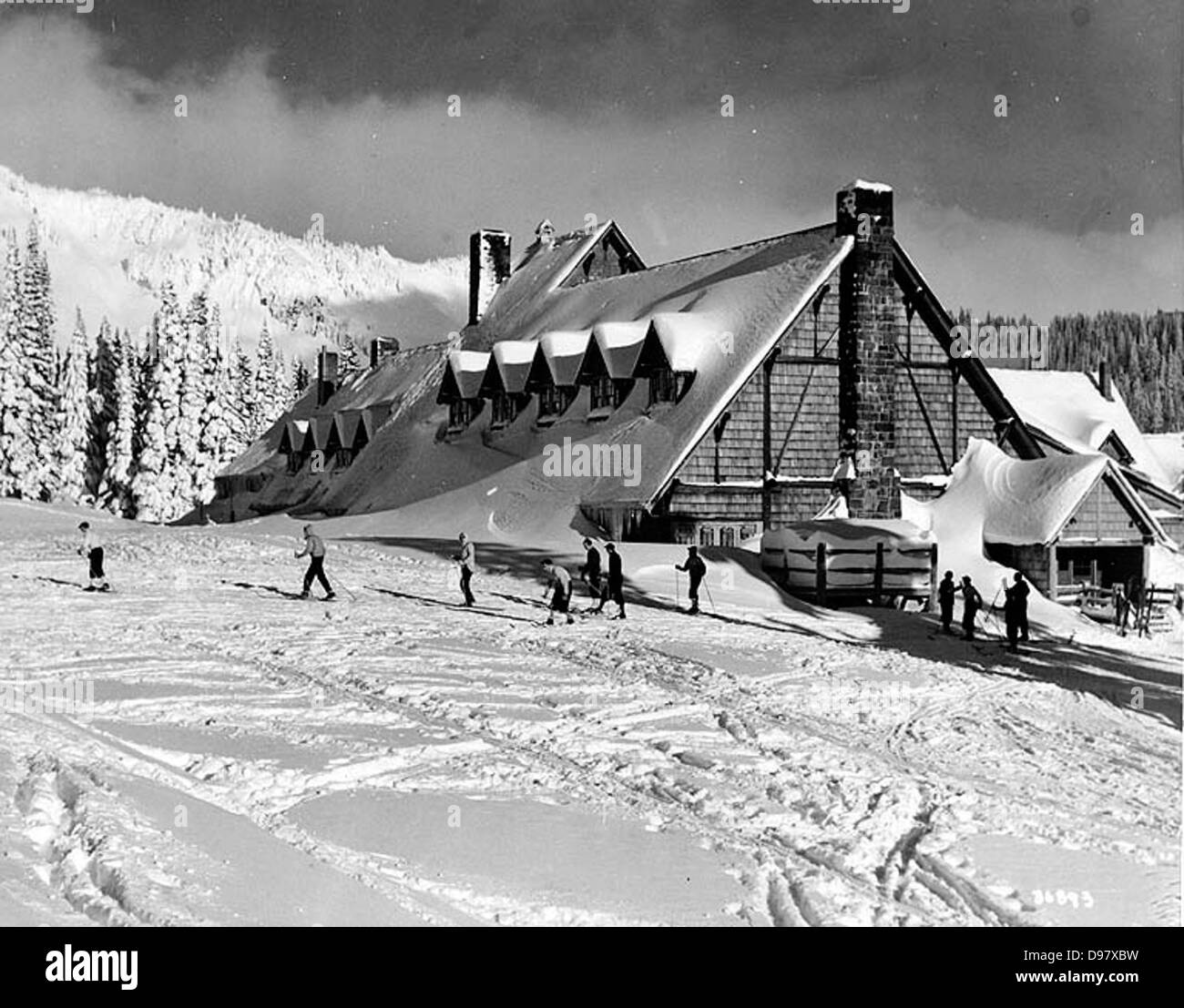 This photograph shows Paradise Inn during winter, located in Mount ...