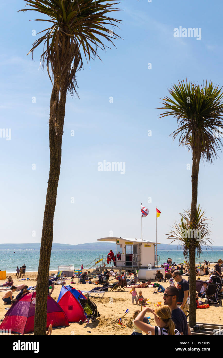 RNLI Lifeguard station on Bournemouth Beach with palm trees on a warm ...