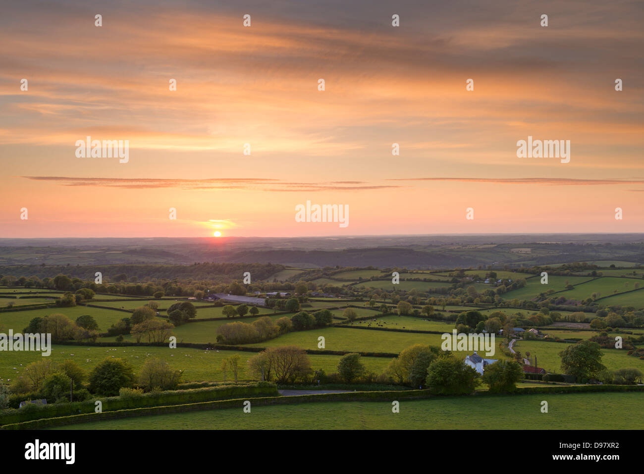 Sunset over beautiful rolling Devon countryside, Devon, England. Summer ...