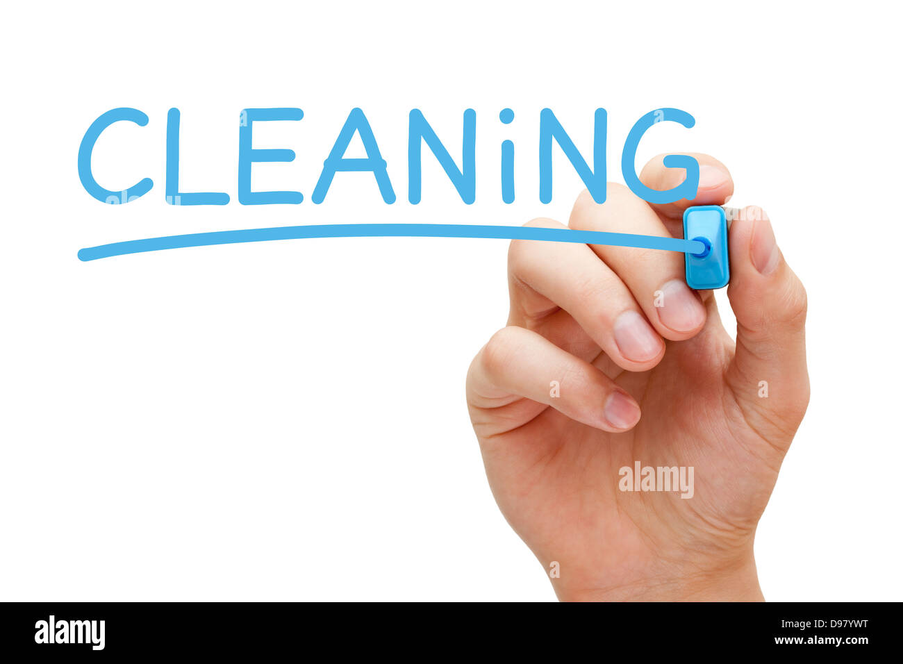 Hand writing Cleaning with blue marker on transparent wipe board Stock ...