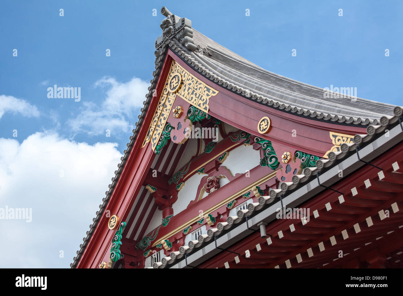 Gable of wooden roof of Kannondo the main hall building in Senso-ji ...