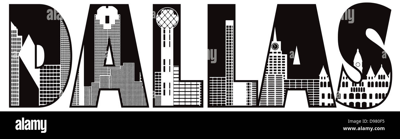 Dallas Texas City Skyline Text Outline Black and White Silhouette ...
