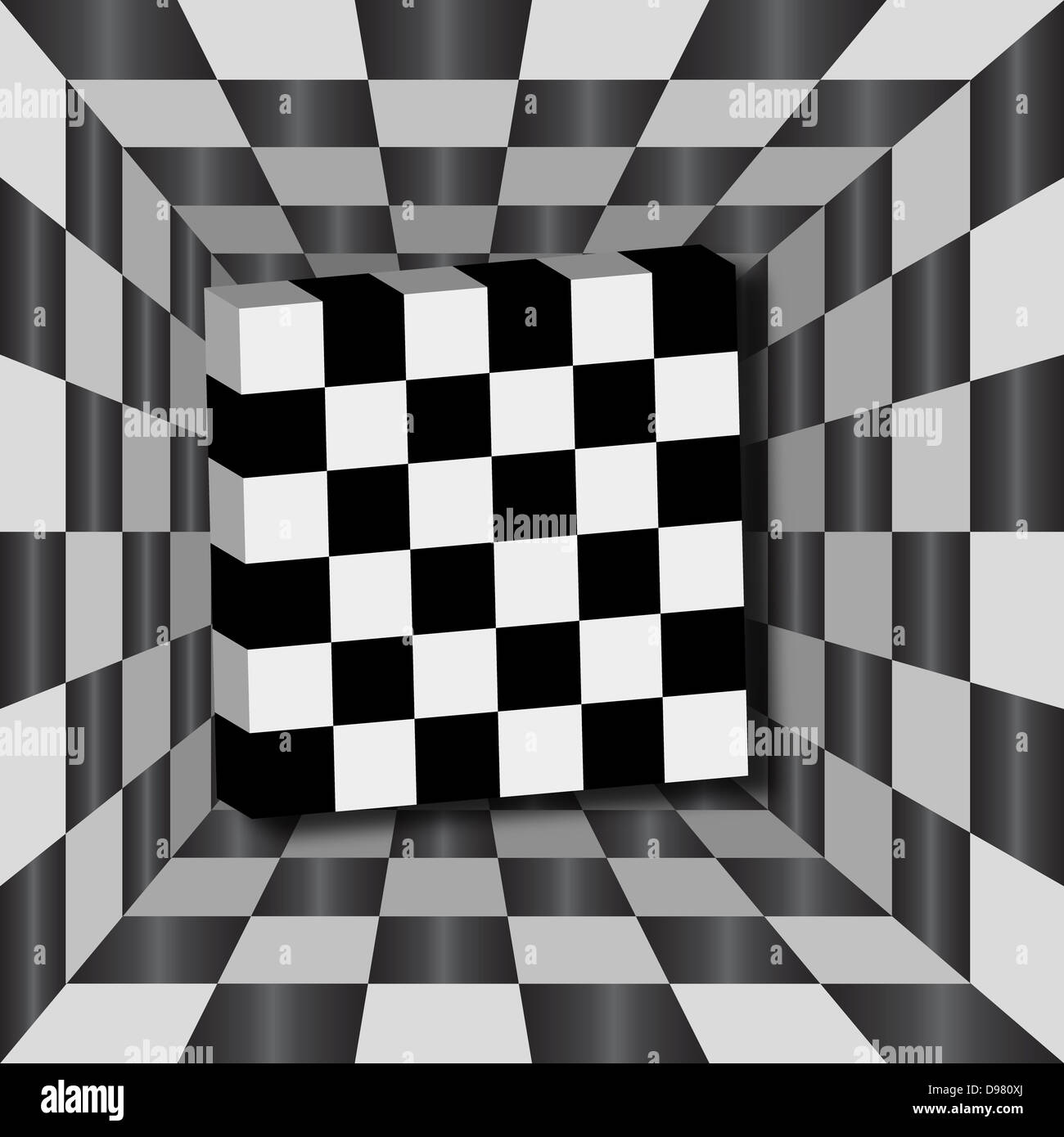 Checkerboard tunnel with 3D cube. Background for chessboard Stock Photo ...