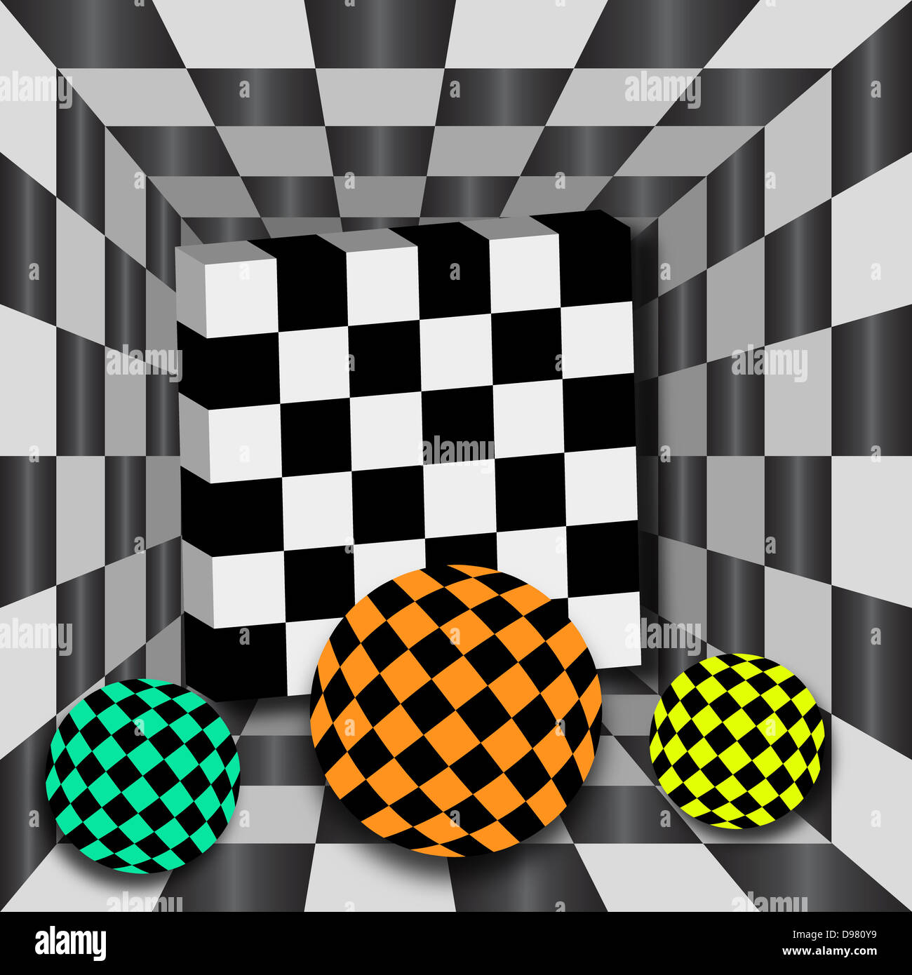 Checkerboard tunnel with 3D cube and three color spheres. Background ...
