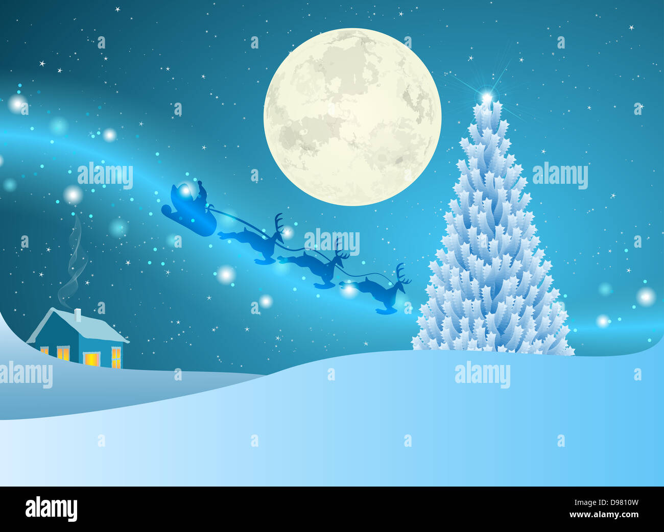 Christmas tree made of stars with full moon, sleigh and a small house ...