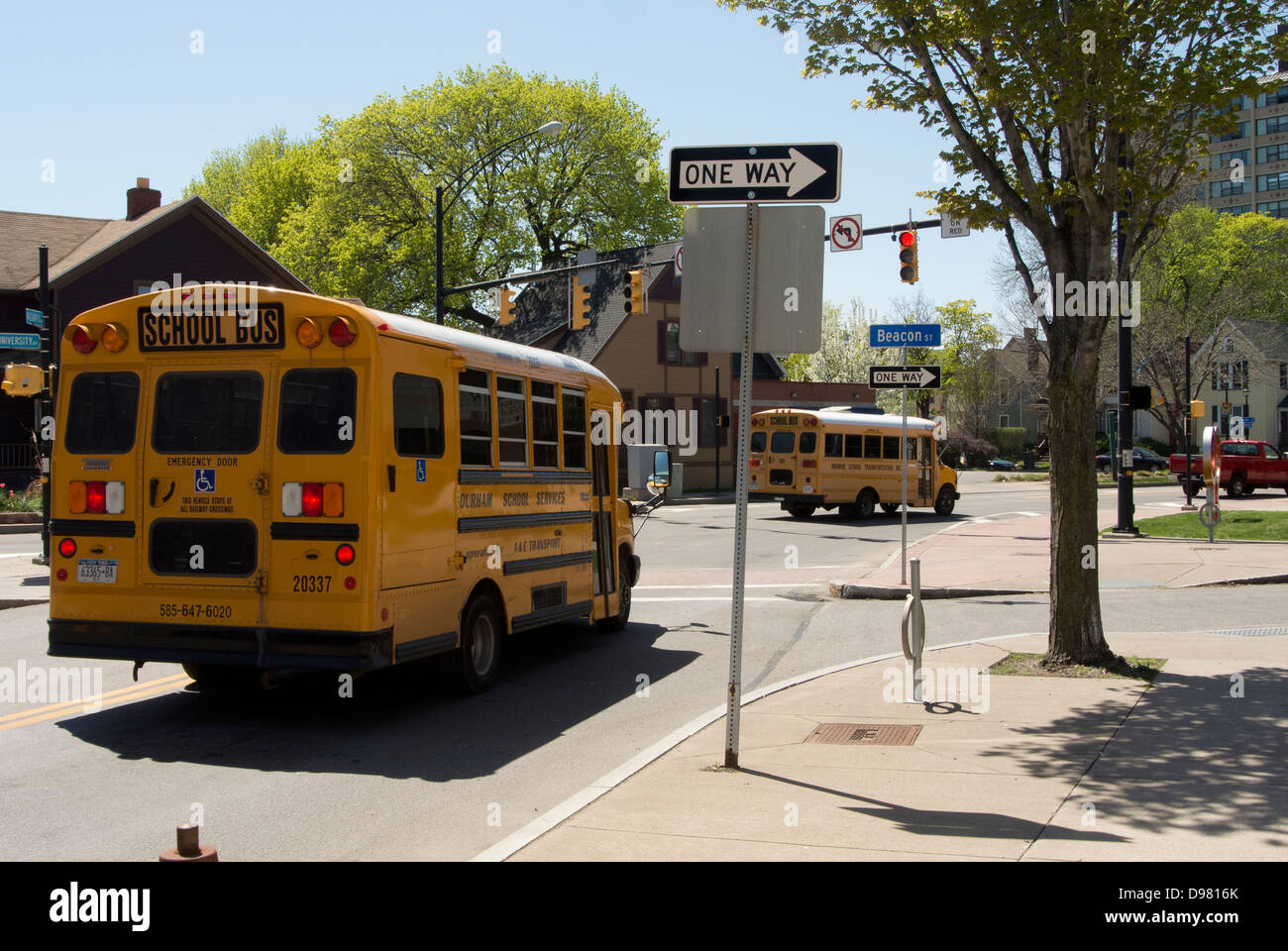 School buses on city street Stock Photo - Alamy