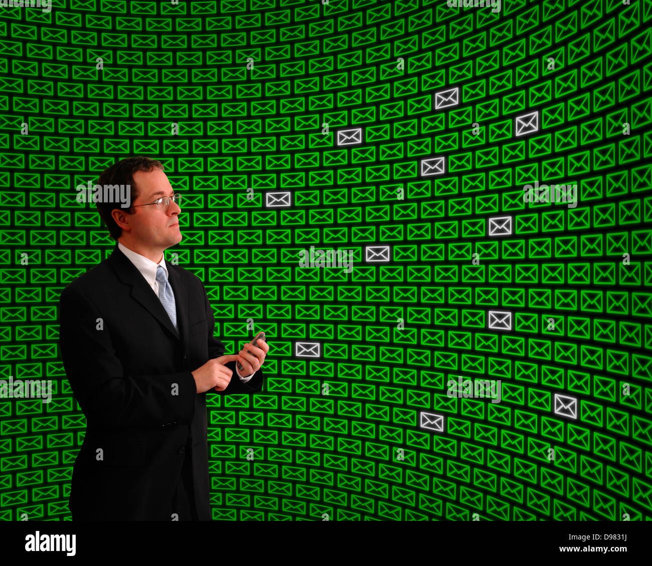 Man monitoring and tracking email message icons Stock Photo - Alamy