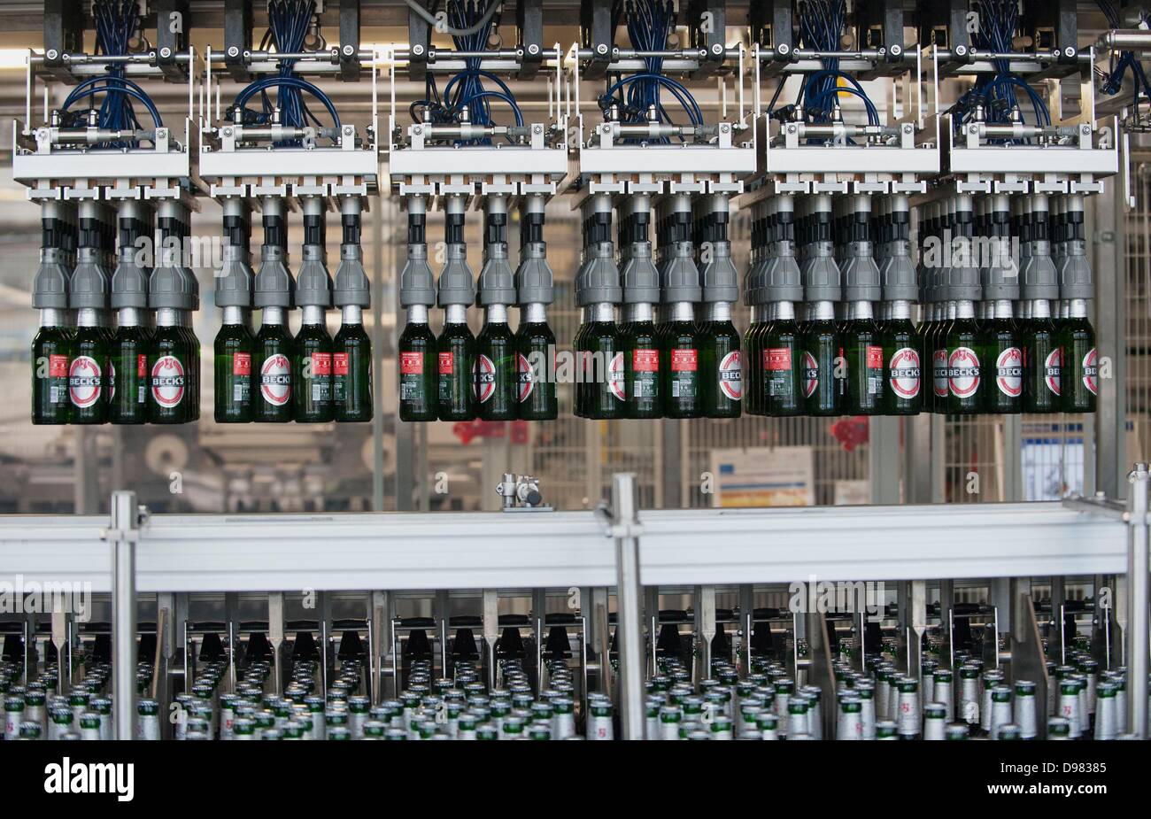 Bottles of beer are places in crates in the Beck's Brewery in Bremen ...