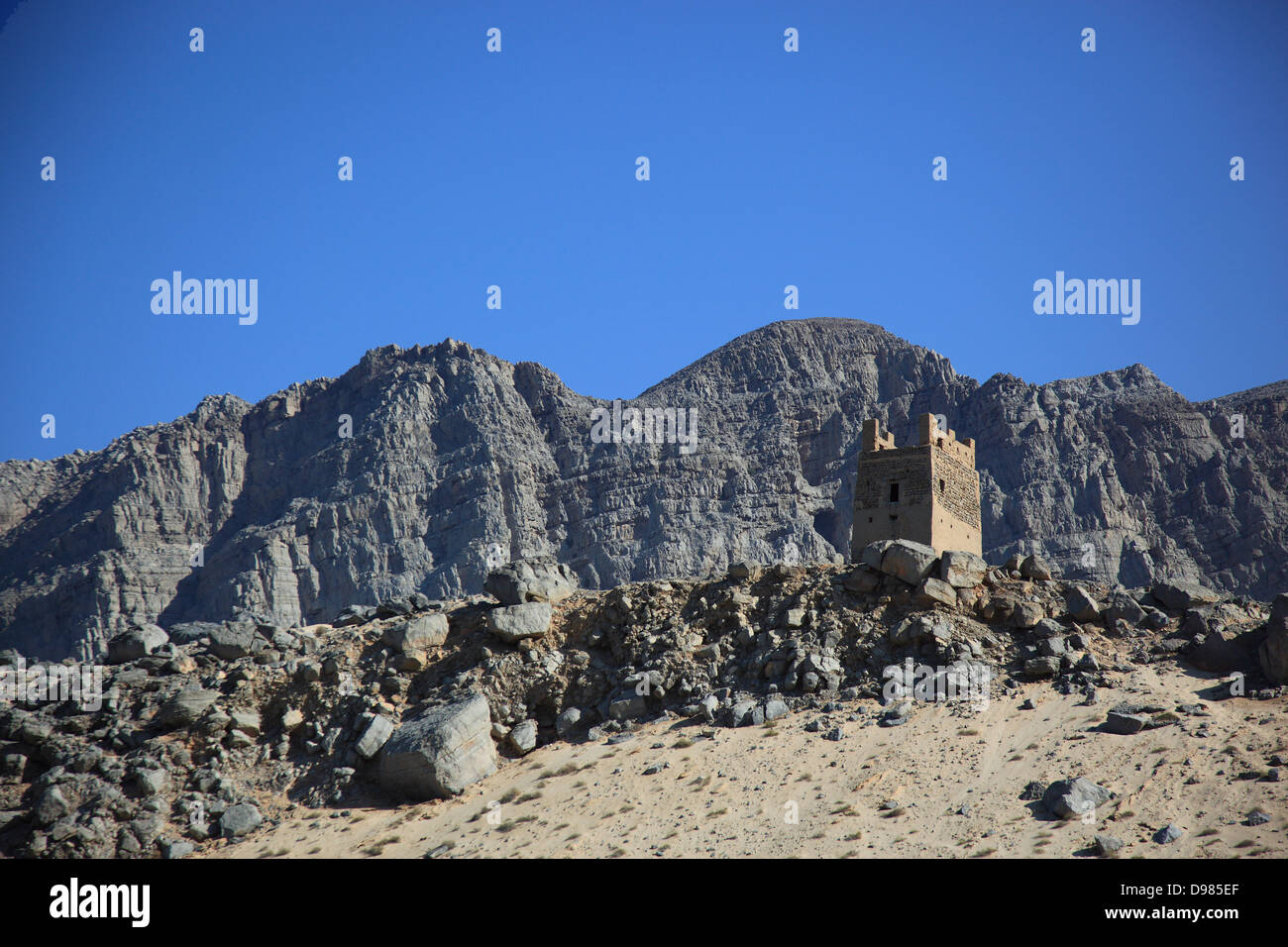 Watch-tower in the coastal scenery of Bukha in the Arabian golf, in the ...