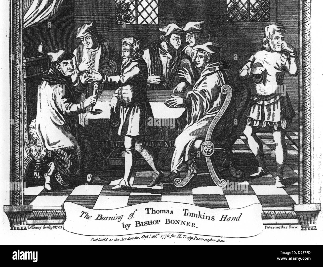 The Burning of Thomas Tomkins Hand by Bishop Bonner'. Engraving from a ...