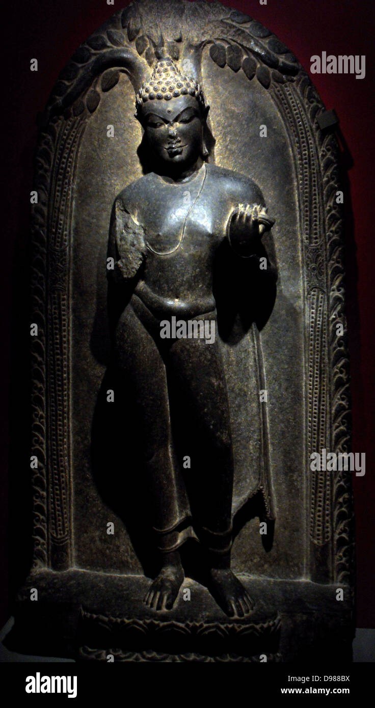 Buddha depicted in a sculpted relief in Stone. Shown beneath the Bodhi ...