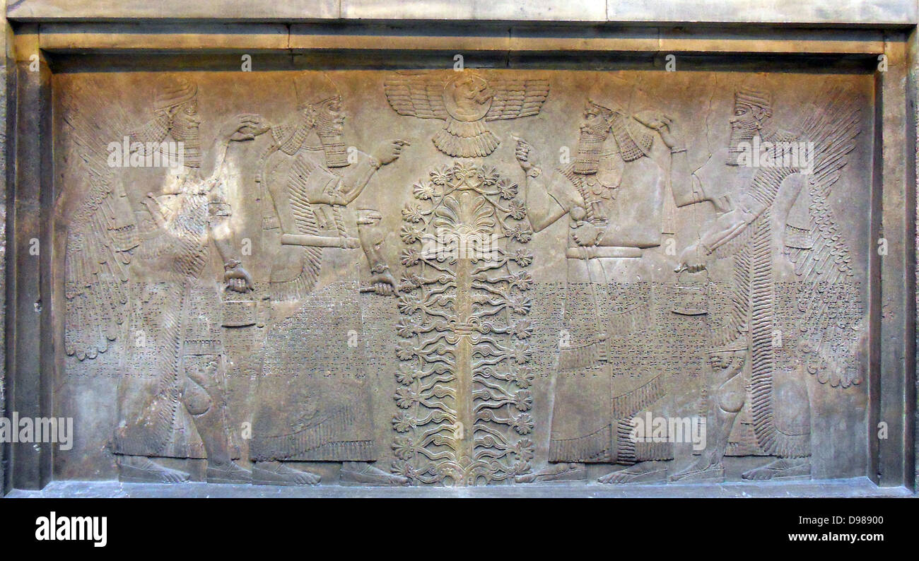 King Ashurnasirpal shown in a dual depiction at the Sacred Tree. The ...