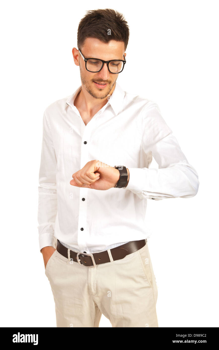 Business man checking time and looking to wristwatch on his hand ...
