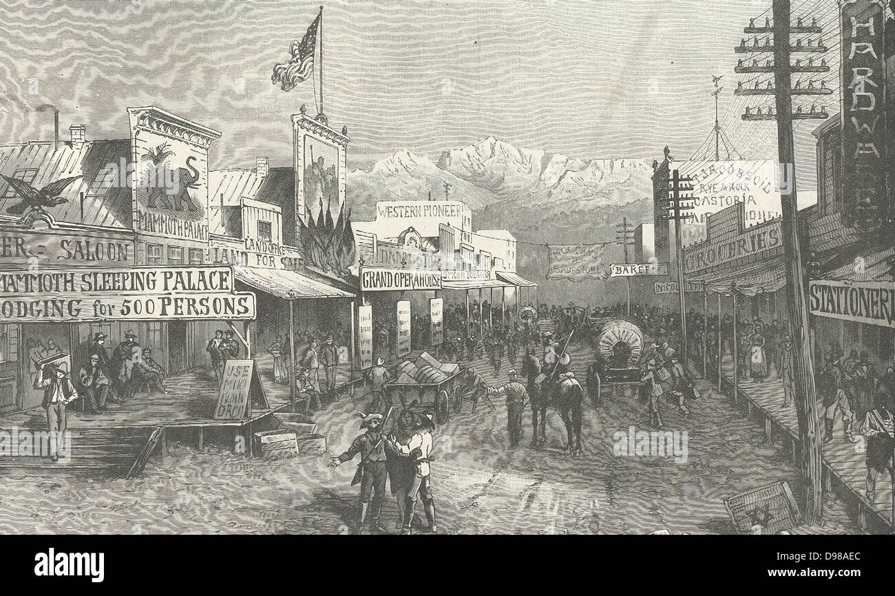 Street scene in an American frontier town c1875. Engraving Stock Photo ...
