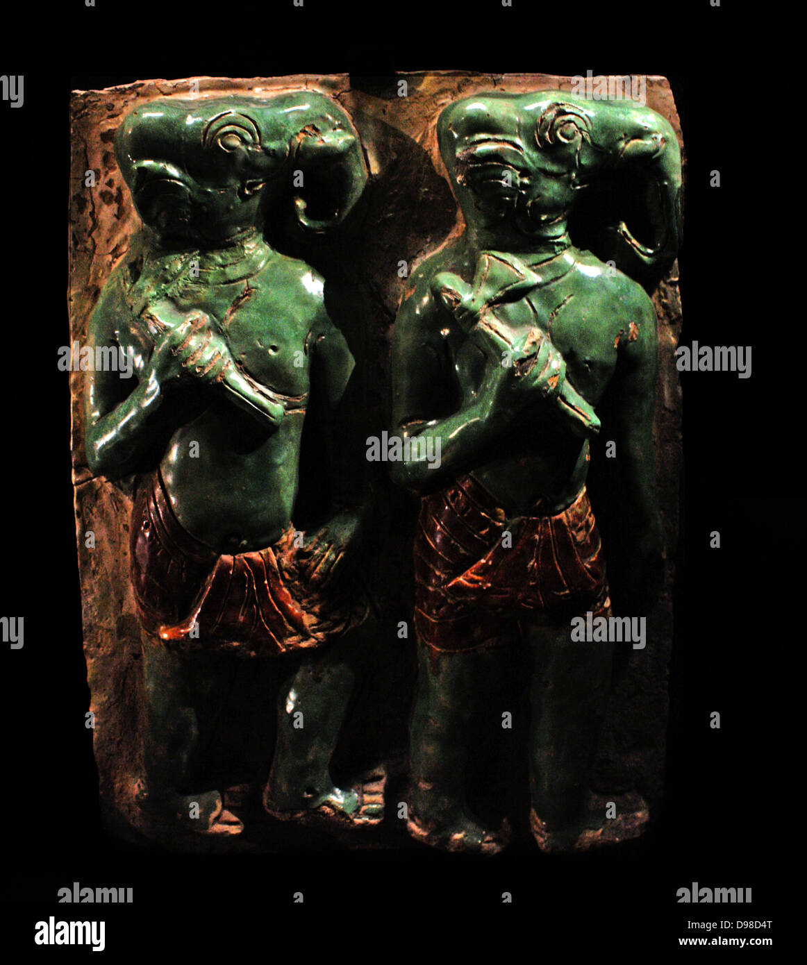 Elephant-headed warriors of Mara, glazed earthenware plaque, from a ...